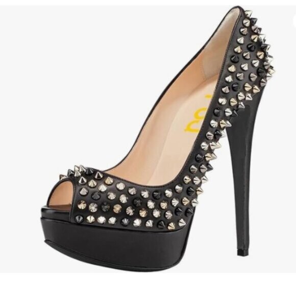 FSJ | Shoes | Fsj Black Rivets Platform Peep Toe Pumps High Stiletto ...